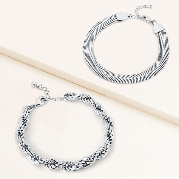 "Entwined" Set of Two Rope & Herringbone Chain Bracelets - DSF Jewels